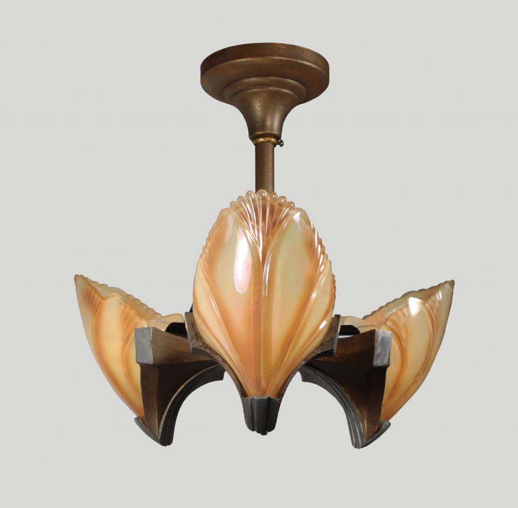 Antique Art Deco Batwing Slip Shade Flush Mount Chandelier