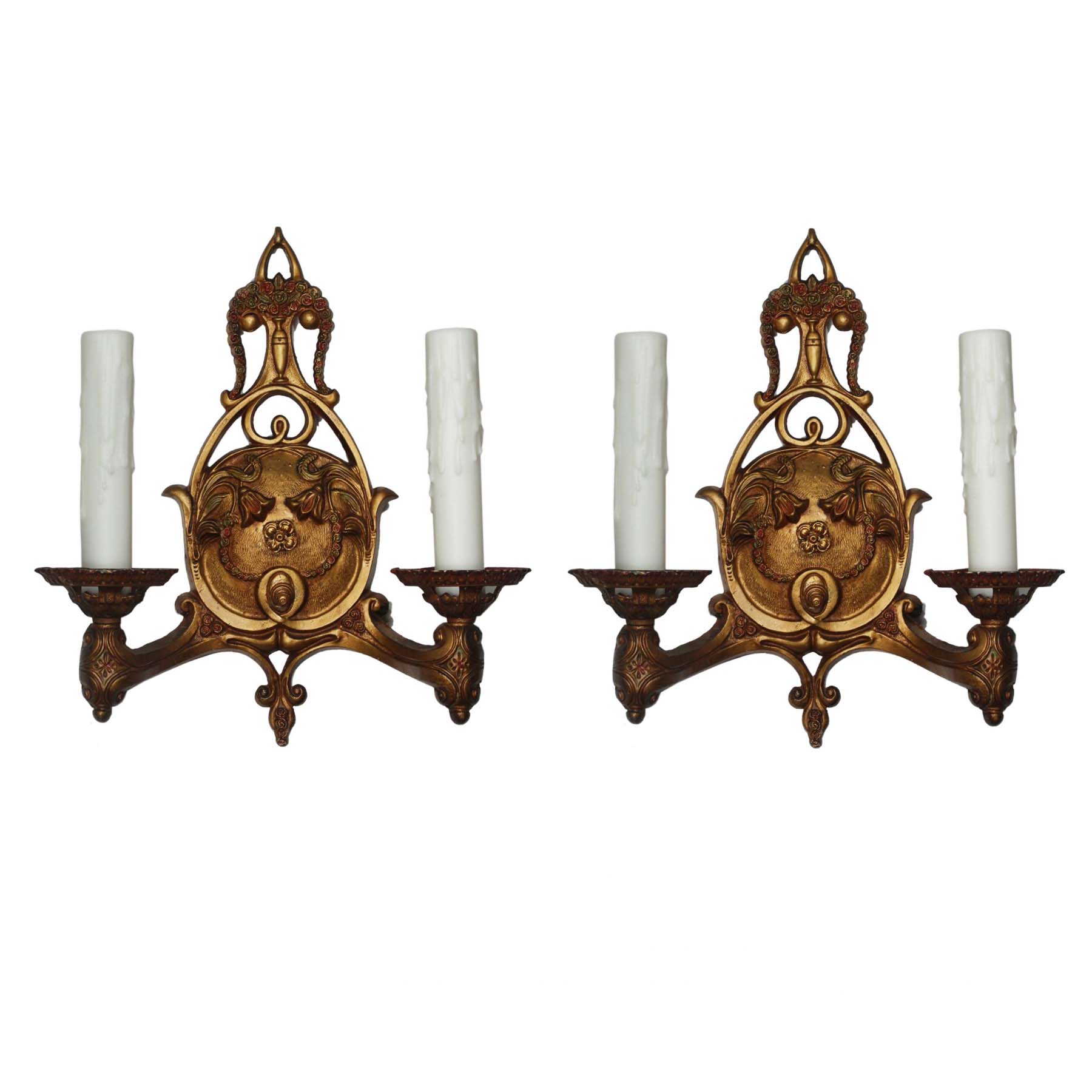 Neoclassical Double Arm Sconces with Original Polychrome, Antique Lighting