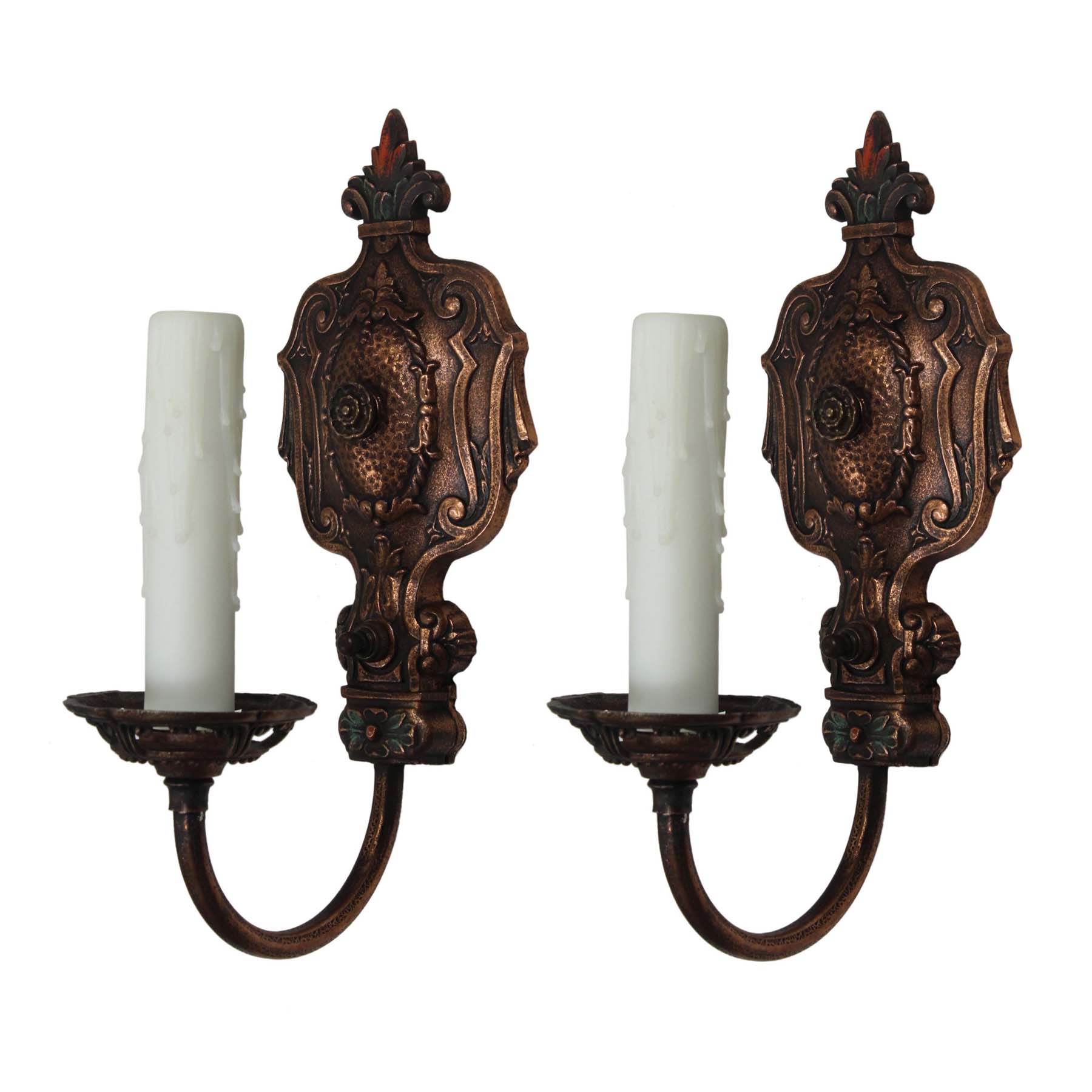 Pair of Antique Bronze Sconces, Original Polychrome Finish