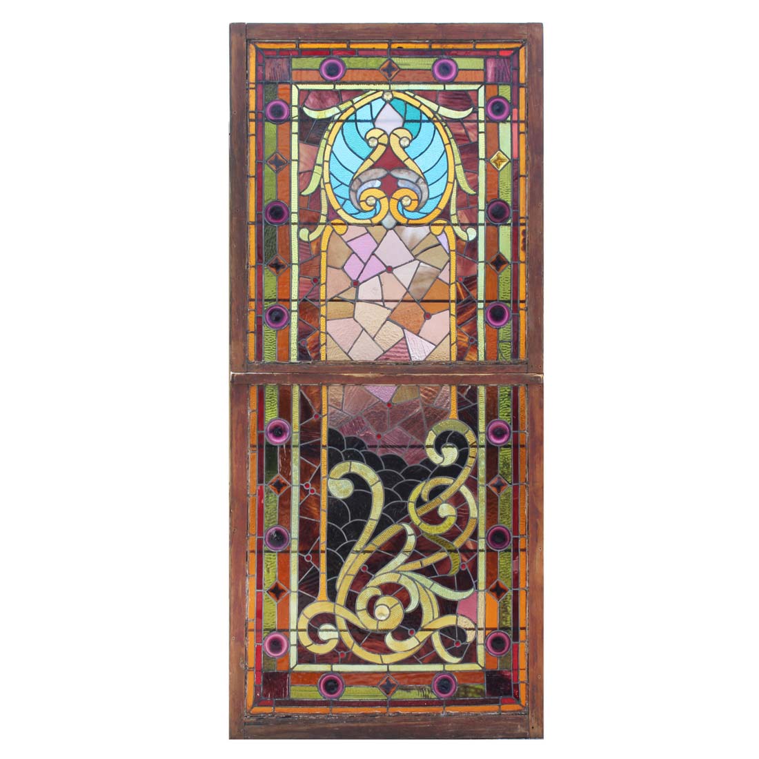 Large Antique American Stained Glass Sash Set, Late 19th Century