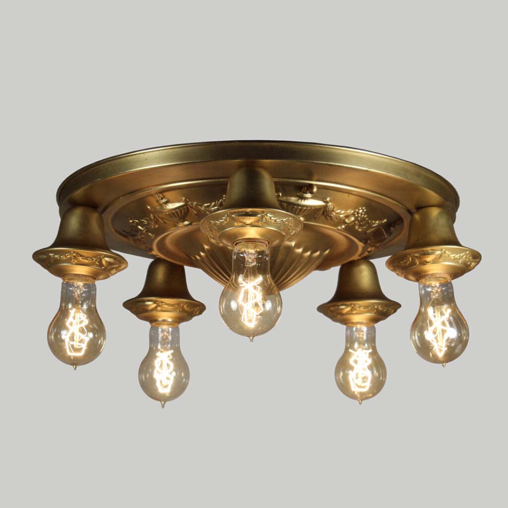 SOLD Antique Brass Five-Light Flush Mount Fixture, Neoclassical ...