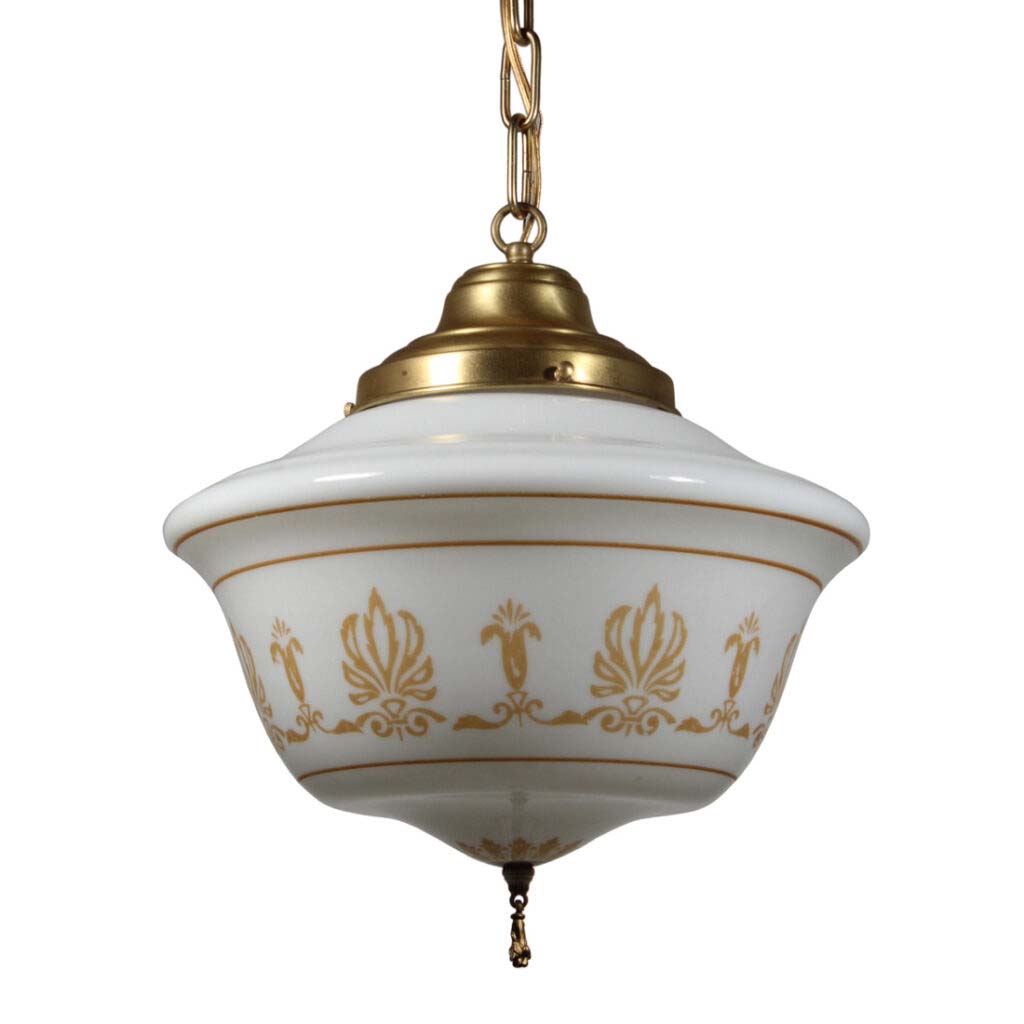Large Antique Neoclassical Pendant Light Fixture with Original Glass Shade