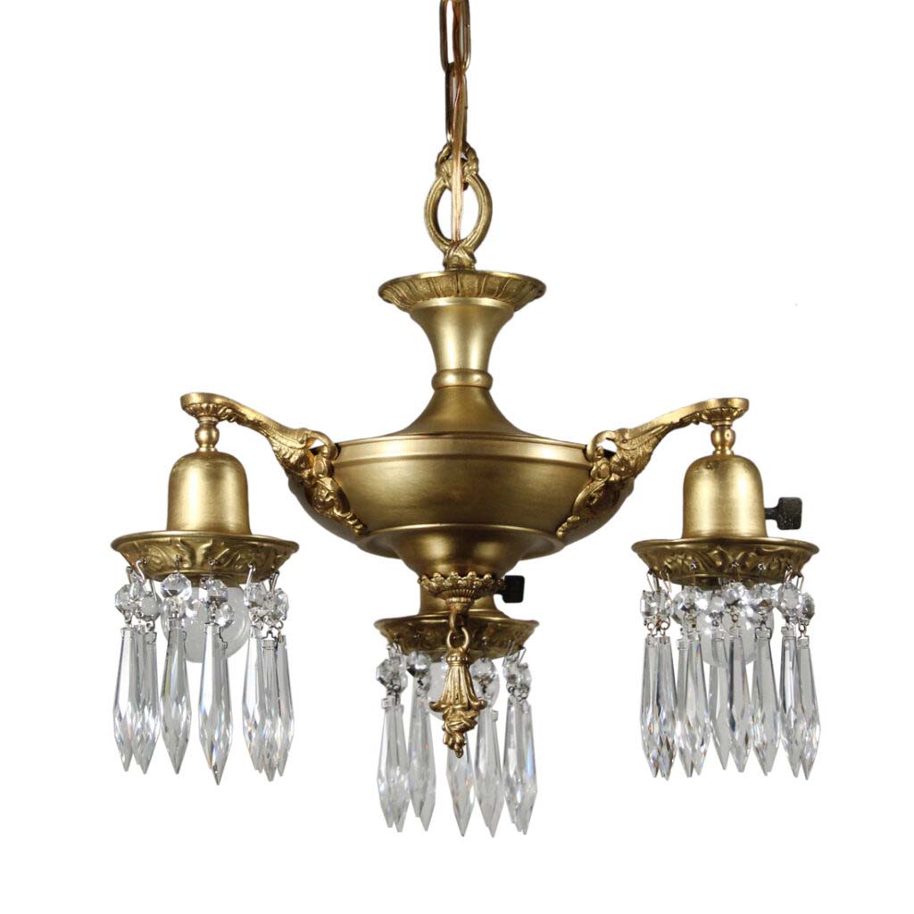 SOLD Antique Neoclassical Brass Three-Light Chandelier with Prisms ...