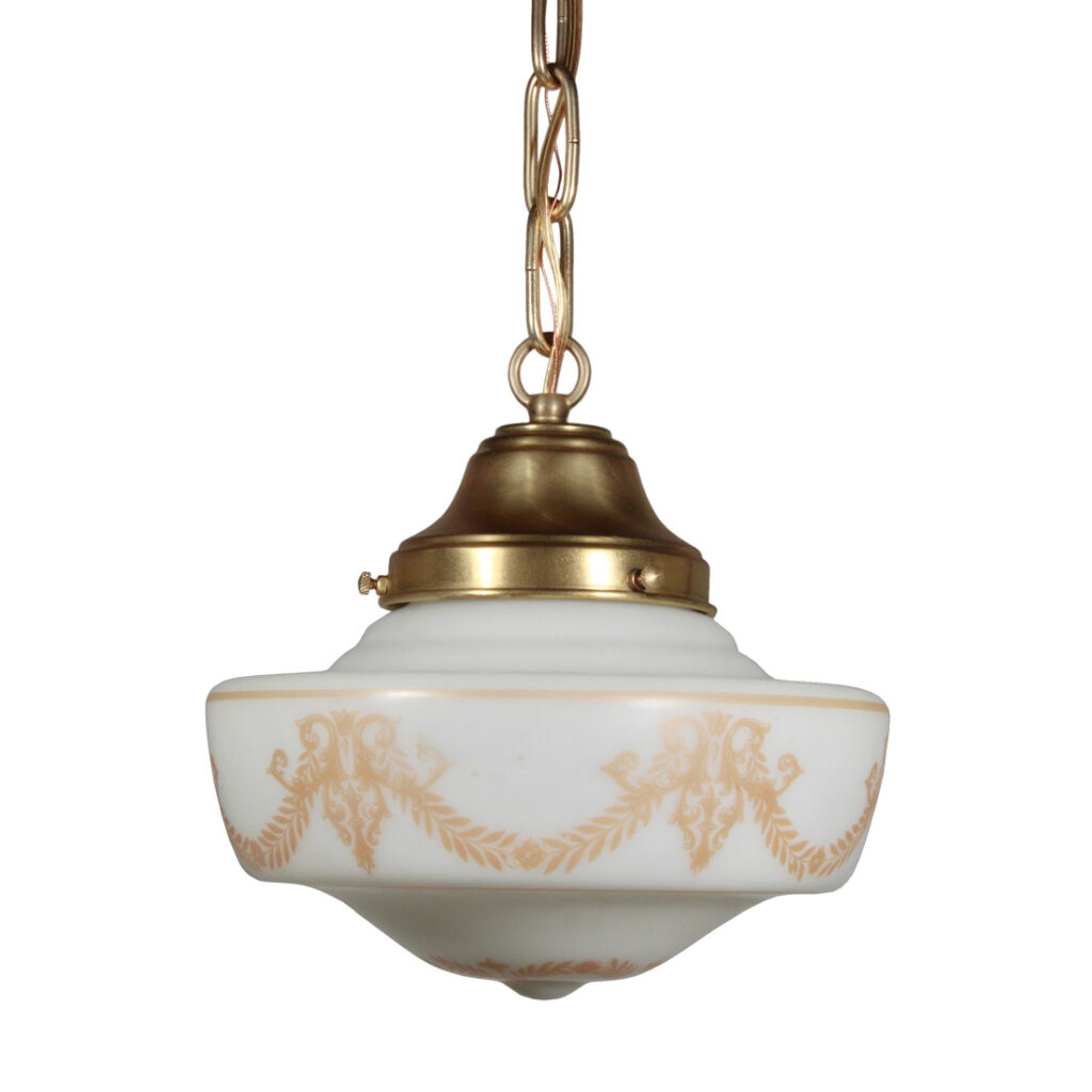 Large Antique Neoclassical Pendant Light Fixture with Original Glass Shade