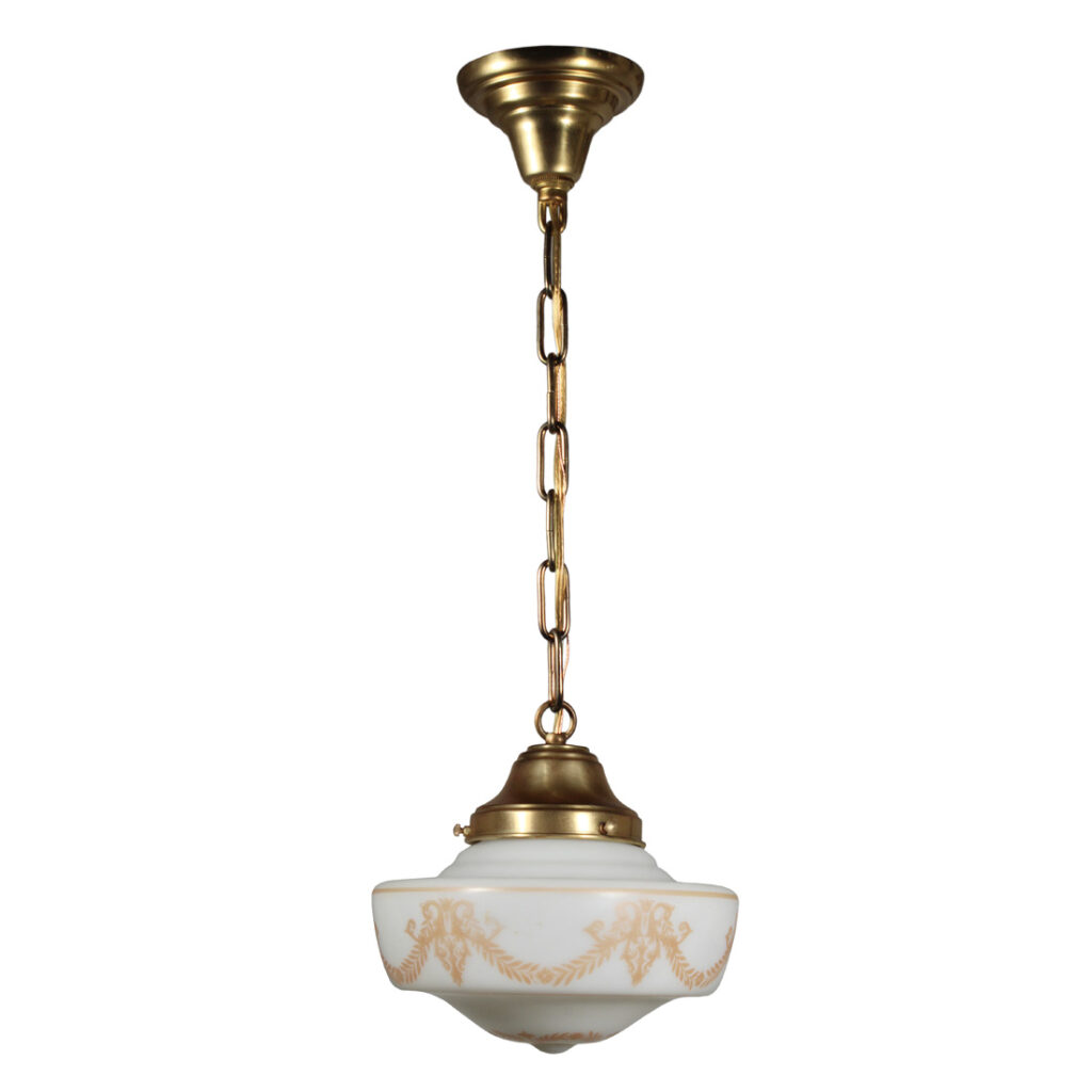 Large Antique Neoclassical Pendant Light Fixture with Original Glass Shade