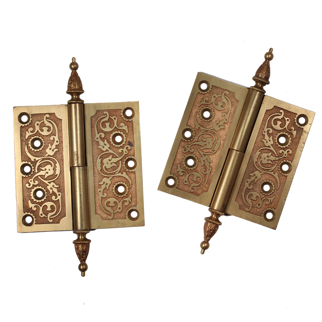 Pair of Antique Decorative Cast Iron 4.5” Hinges, Bronze Wash