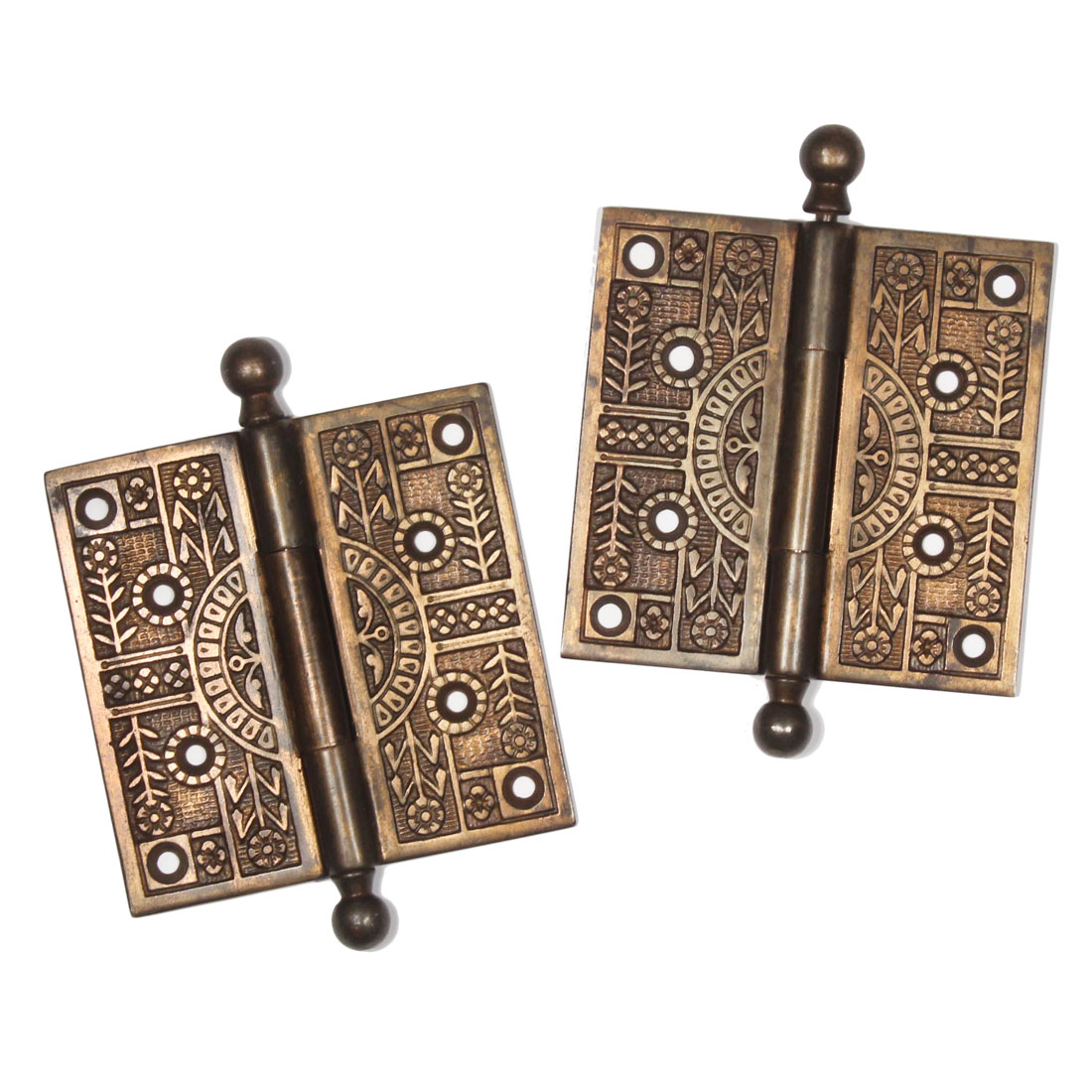 Pair of Antique Decorative Cast Iron 4.5” Hinges, Bronze Wash