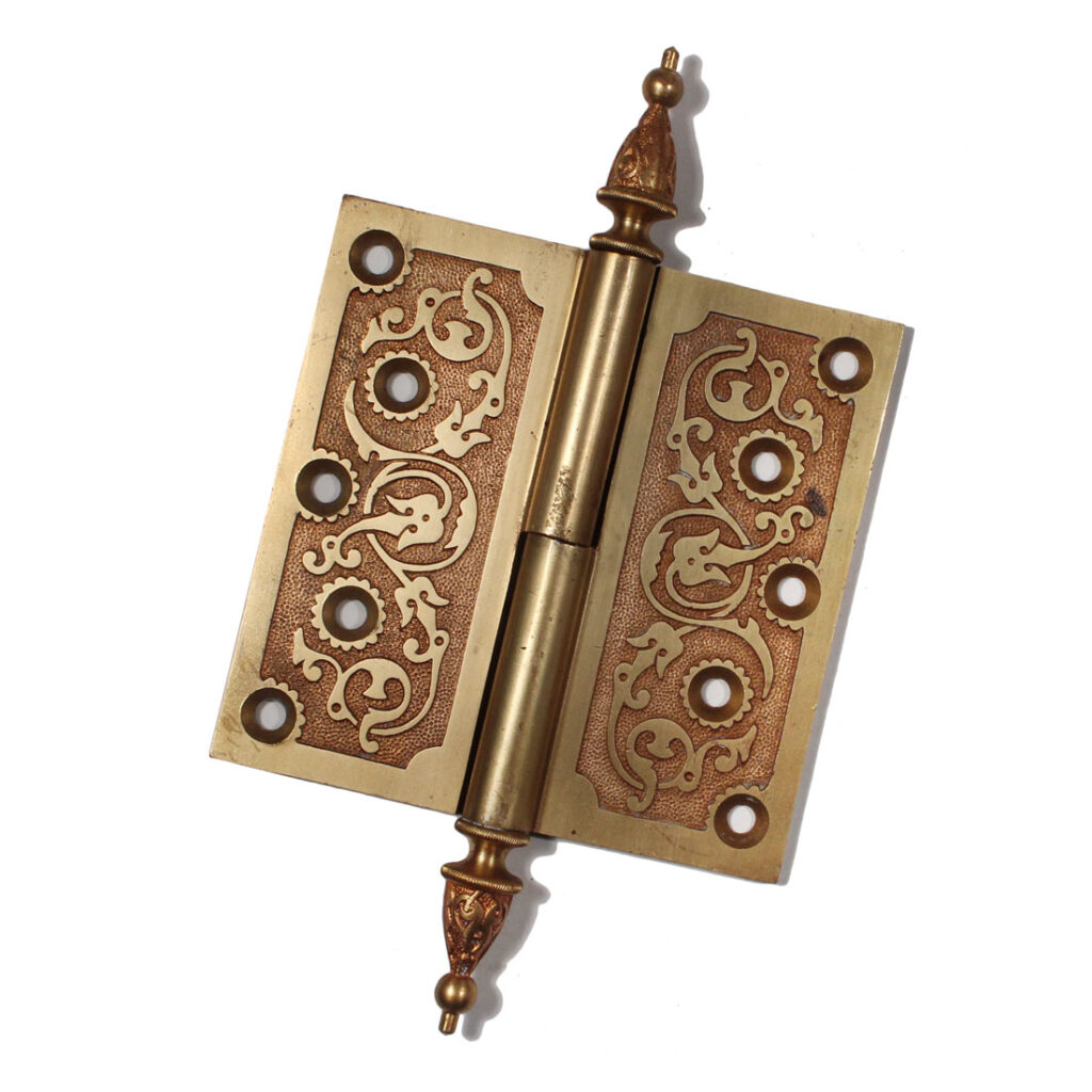 Pair of Antique Decorative Cast Iron 4.5” Hinges, Bronze Wash