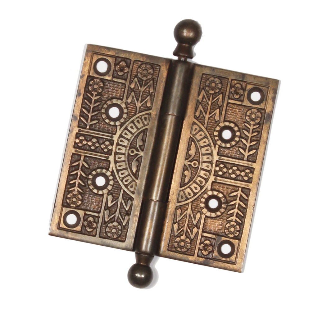 Pair of Antique Decorative Cast Iron 4.5” Hinges, Bronze Wash