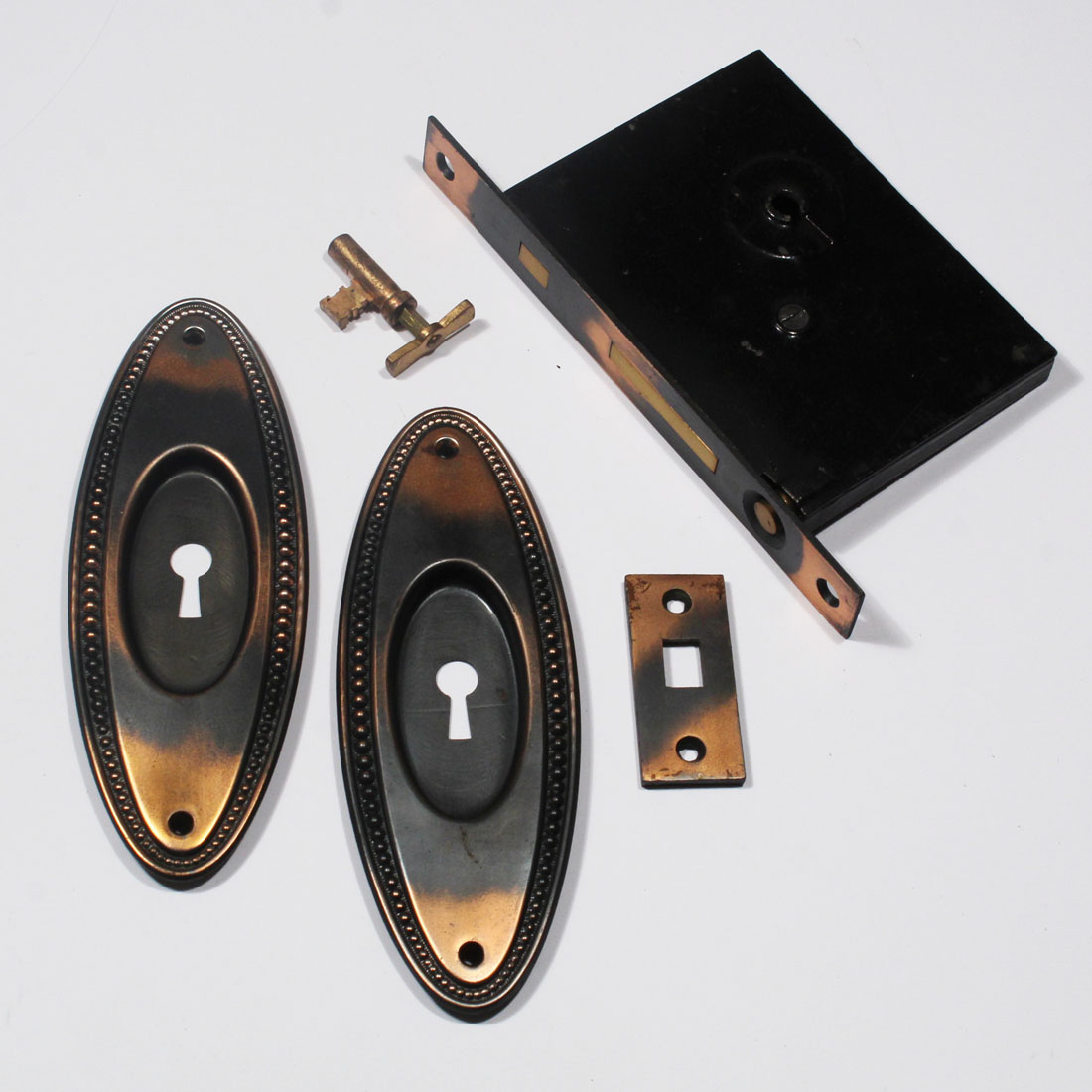 Antique Japanned Pocket Door Hardware Set for Single Door, Corbin
