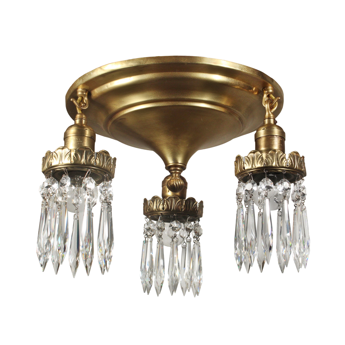 Antique Semi-Flush Three Light Chandelier with Prisms - Antique ...