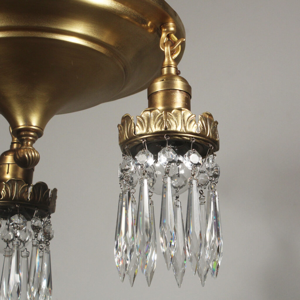 Antique Semi-Flush Three Light Chandelier with Prisms - Antique ...
